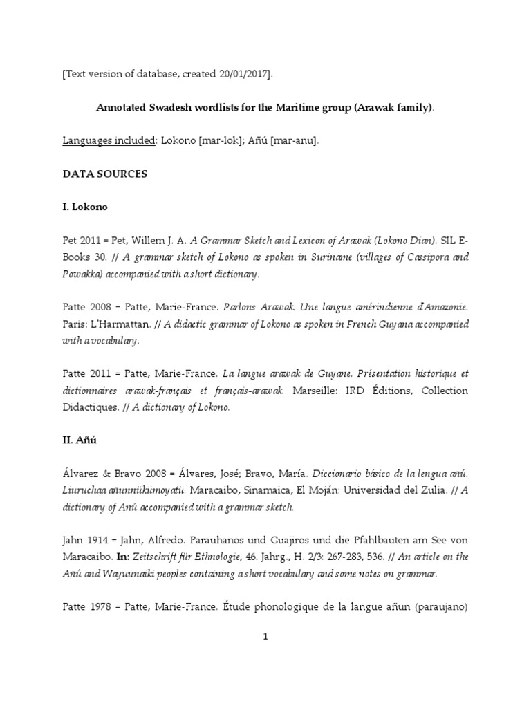 Annotated Swadesh Wordlists For The Maritime Group (Arawak Family ...
