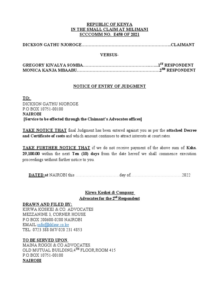 Notice of Entry of Judgment in Kenya | PDF