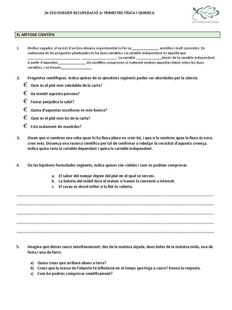 Dossier Recuperació 1r Trim Fiq 2n Eso | PDF