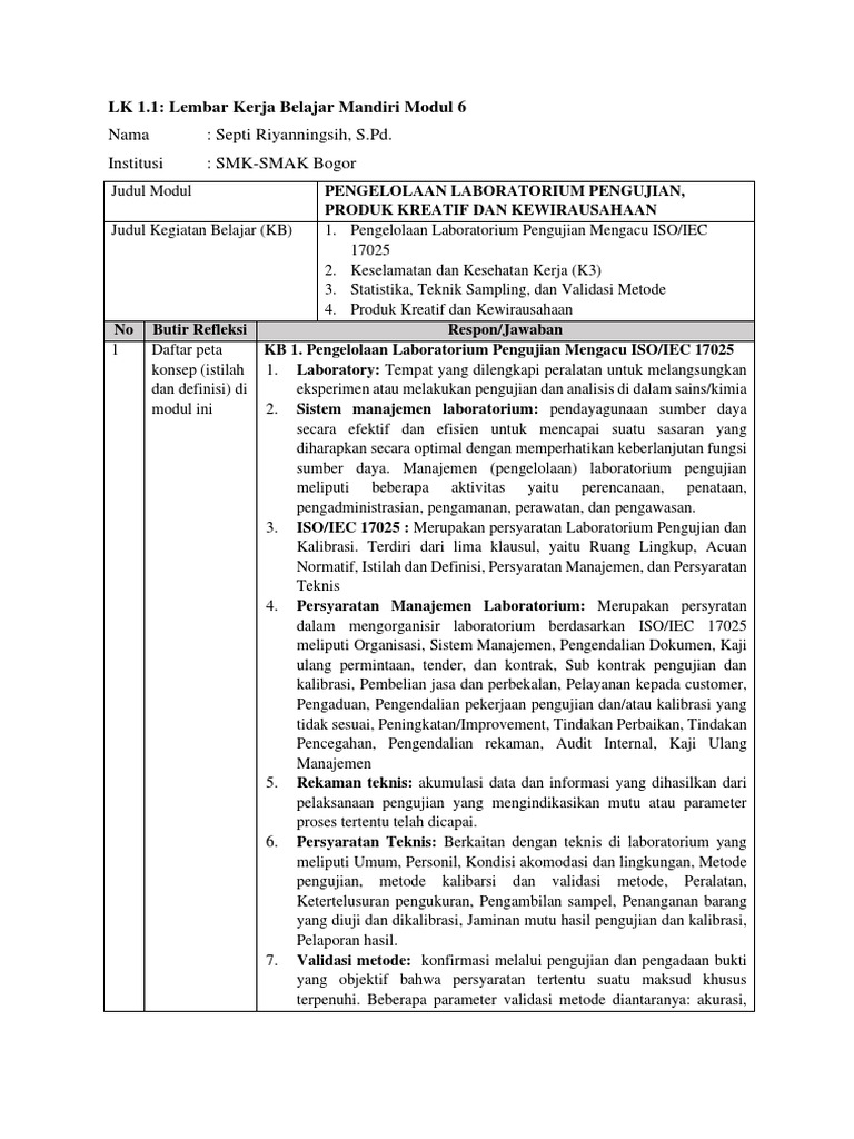 LK 1 - Lembar Kerja Belajar Mandiri Modul 6 Pengelolaan Laboratorium Pengujian, Produk Kreatif ...