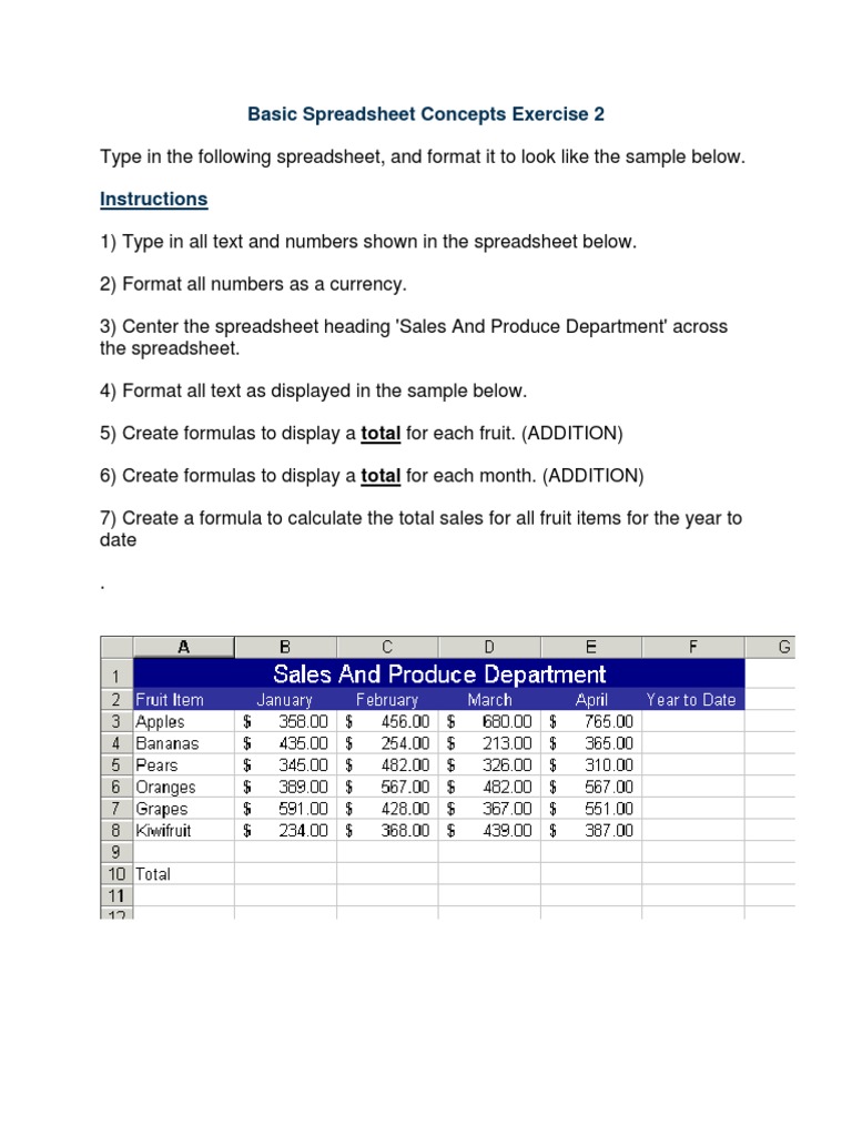 Excel Spreadsheet Exercises Guide | PDF | Spreadsheet | Formula