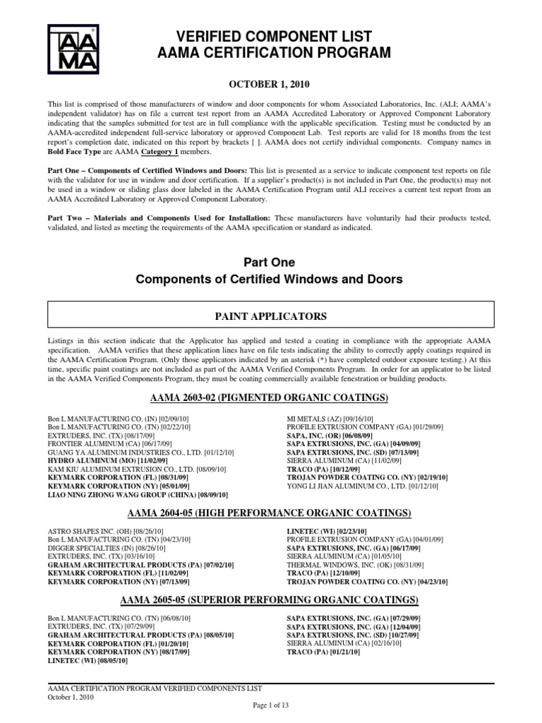 Verified Component List Aama Certification Program: Part One Components ...