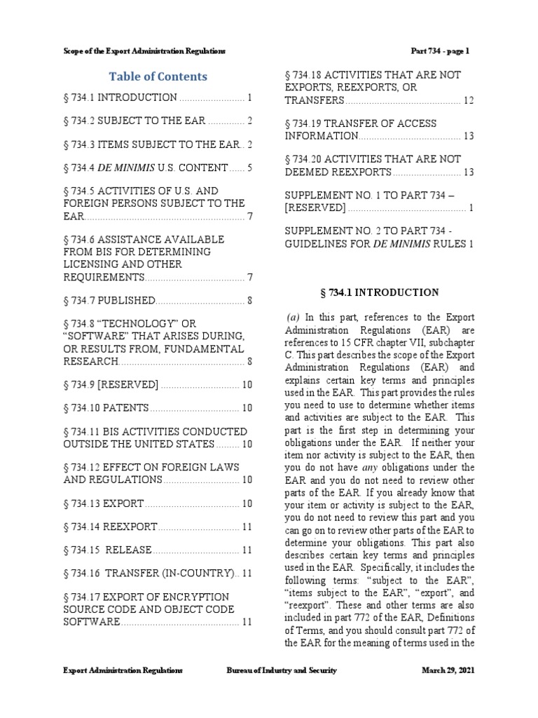 Table of Contents: Scope of The Export Administration Regulations Part ...