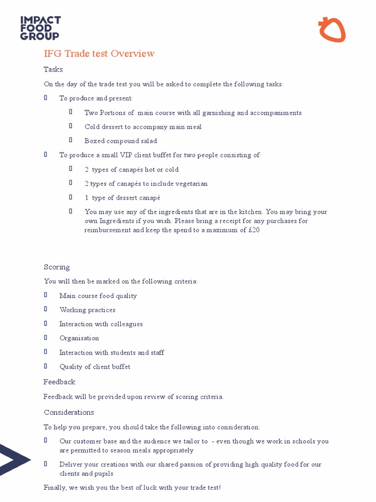 IFG Trade Test Overview: Tasks | PDF | Foods | Cuisine