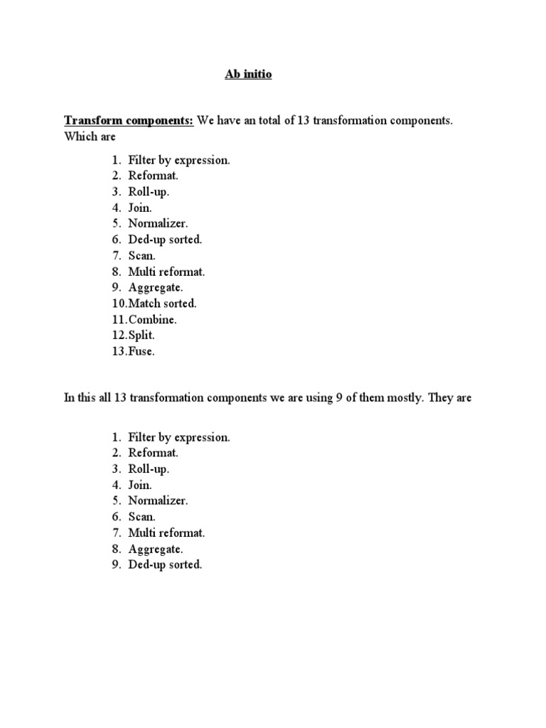 Ab Initio Transform Components We Have An Total Of 13 Transformation Components Pdf 