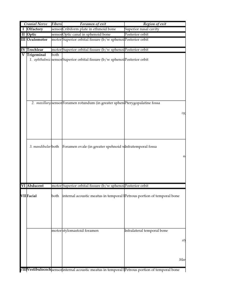 Cranial Nerve Fibers Foramen of Exit Region of Exit | PDF | Facial ...