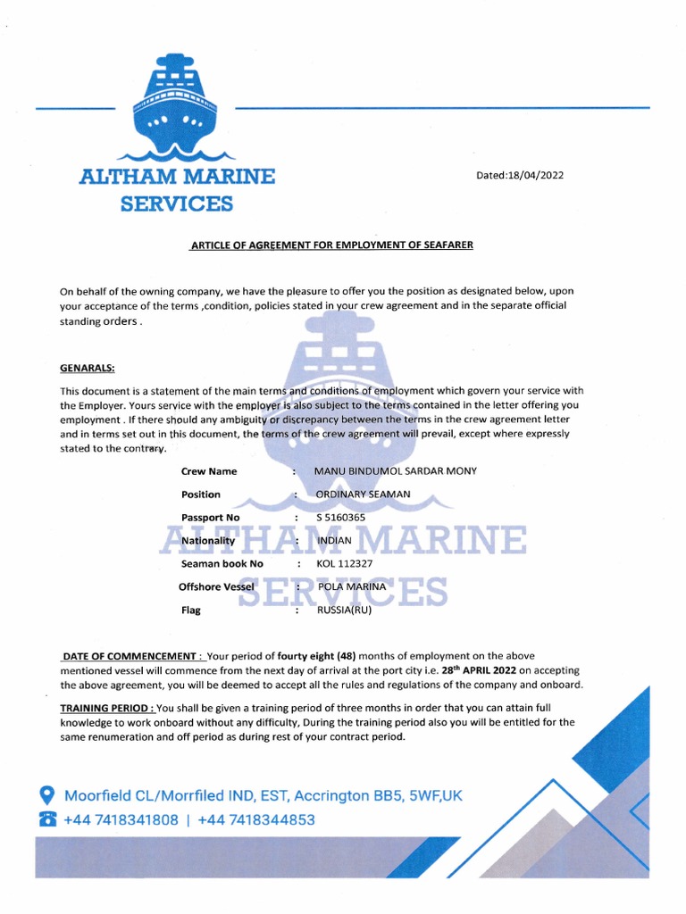 Crew Agreement Letter of Manu Bindumol | PDF