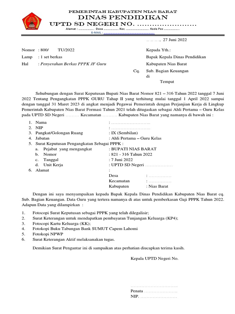 Contoh Pengantar Berkas PPPK Guru | PDF
