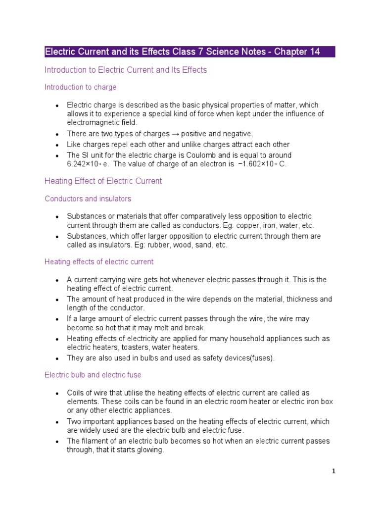 Electric Current and Its Effects Class 7 Science Notes | PDF | Electric ...