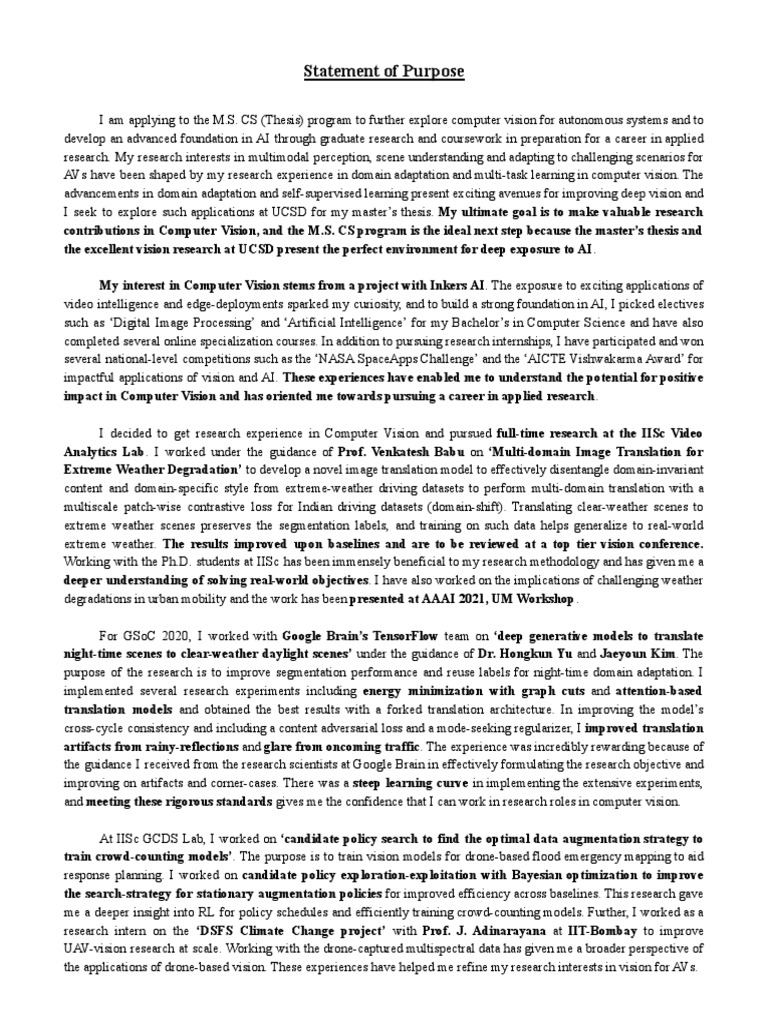 UCSD MSCS SoP | PDF | Computer Vision | Artificial Intelligence