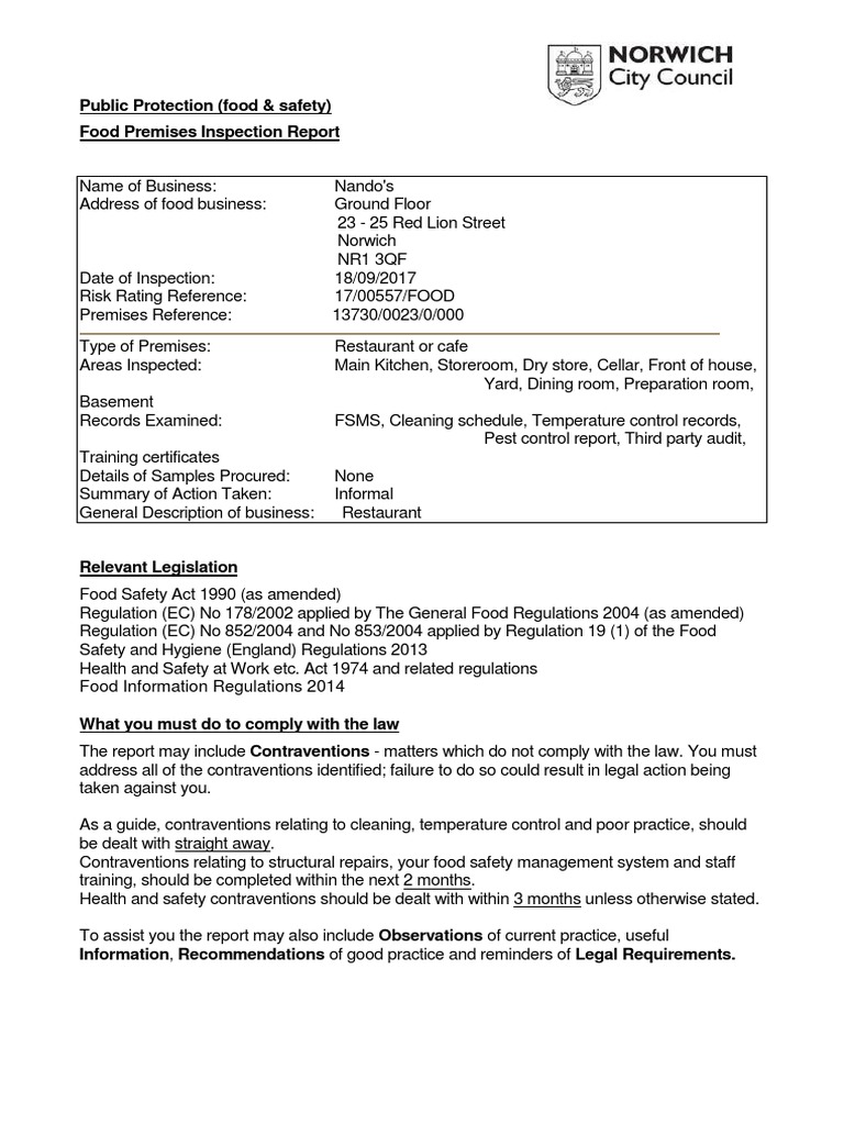 Public Protection (Food & Safety) Food Premises Inspection Report | PDF ...