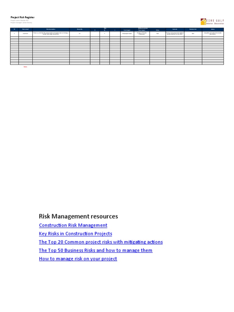 Project Risk Register: Project Name: Masdar PRT Project Manager: Jamie ...