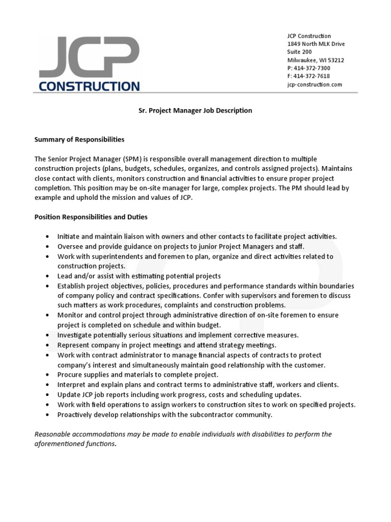 Sr. Project Manager Job Description Summary of Responsibilities | PDF ...