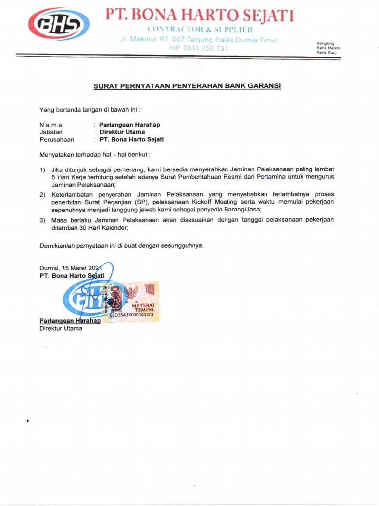 5 Surat Pernyataan Bank Garansi | PDF