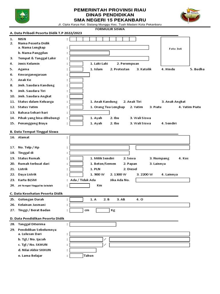 Formulir Daftar Ulang Siswa 2022 | PDF