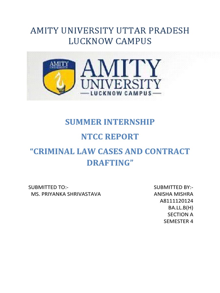 Amity University Uttar Pradesh Lucknow Campus: Summer Internship NTCC Report "Criminal Law Cases ...