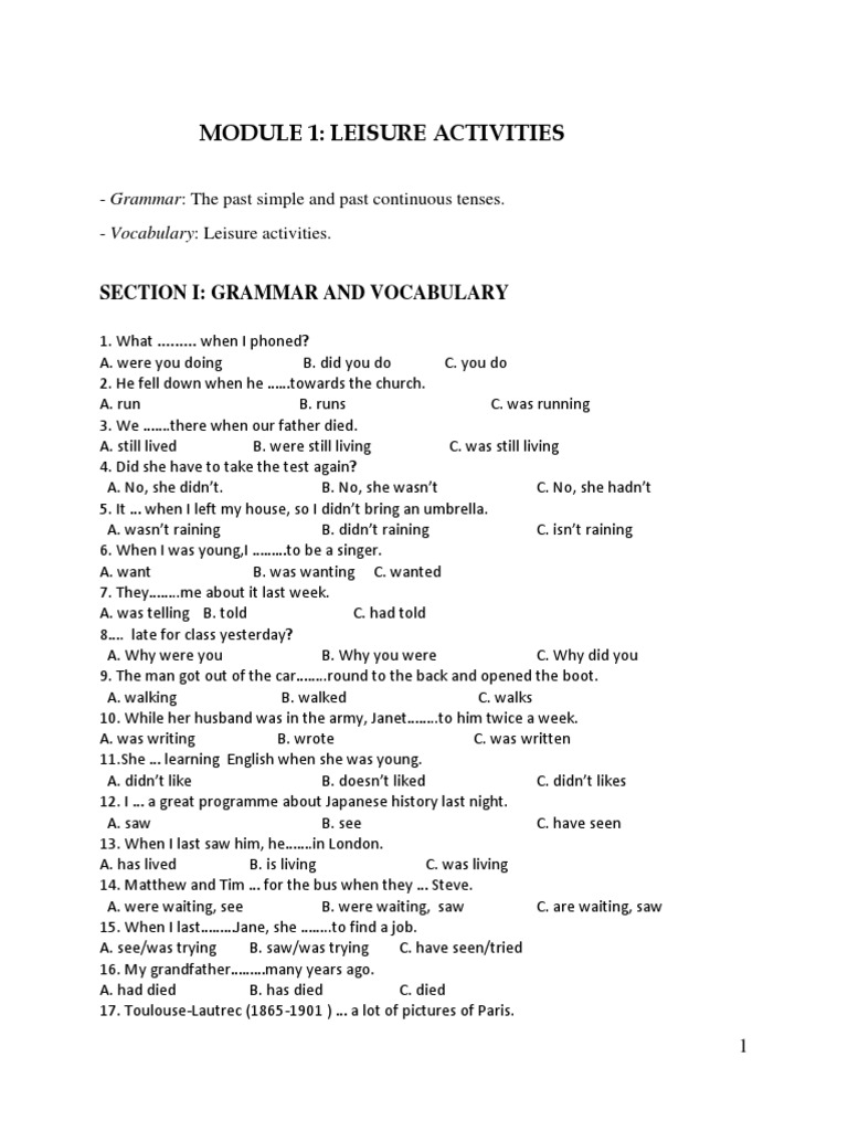 Module 1: Leisure Activities: Section I: Grammar and Vocabulary | PDF