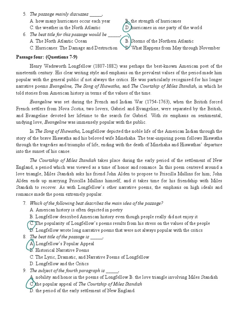 Passage Four: (Questions 7-9) | PDF | Henry Wadsworth Longfellow | Poetry