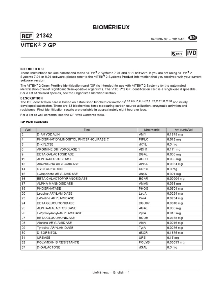 Biomérieux 21342 Vitek 2 GP: Intended Use | PDF | Staphylococcus ...