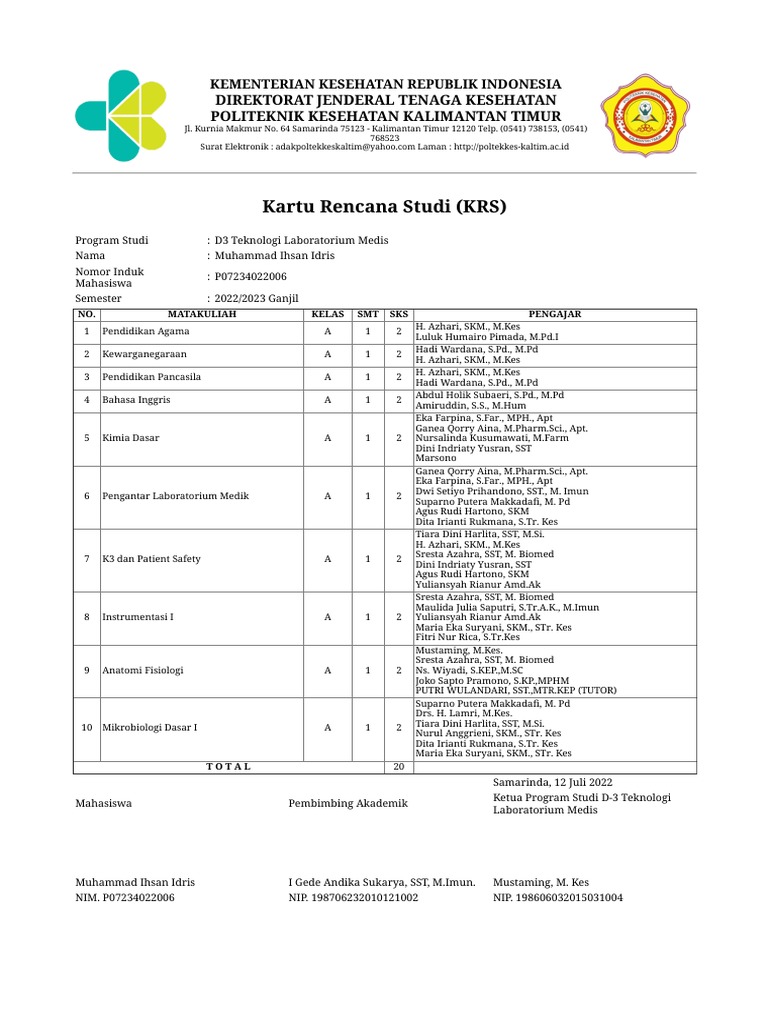 Kartu Rencana Studi (KRS) : Direktorat Jenderal Tenaga Kesehatan Politeknik Kesehatan Kalimantan ...