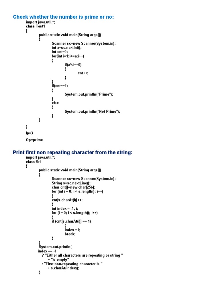 Check Whether The Number Is Prime or No:: Print First Non Repeating Character From The String ...