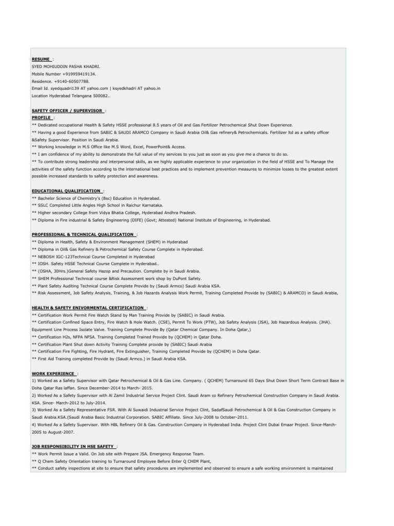 Safety CV 1 | PDF | Safety | Occupational Safety And Health