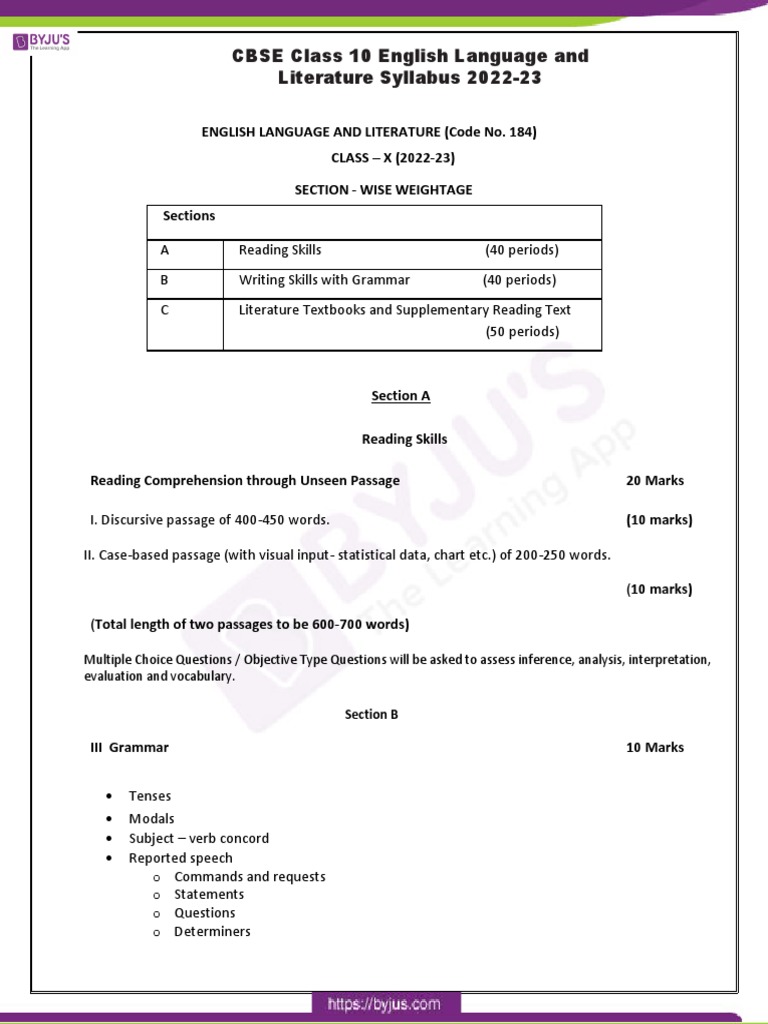 CBSE Class 10 English Language and Literature Syllabus 2022 23 | PDF ...