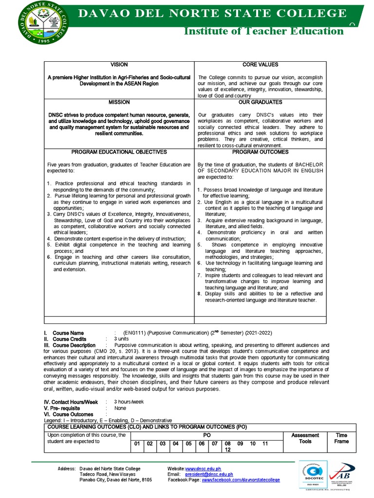 ENG111-Purposive Communication Syllabus | PDF | Communication | Rubric ...