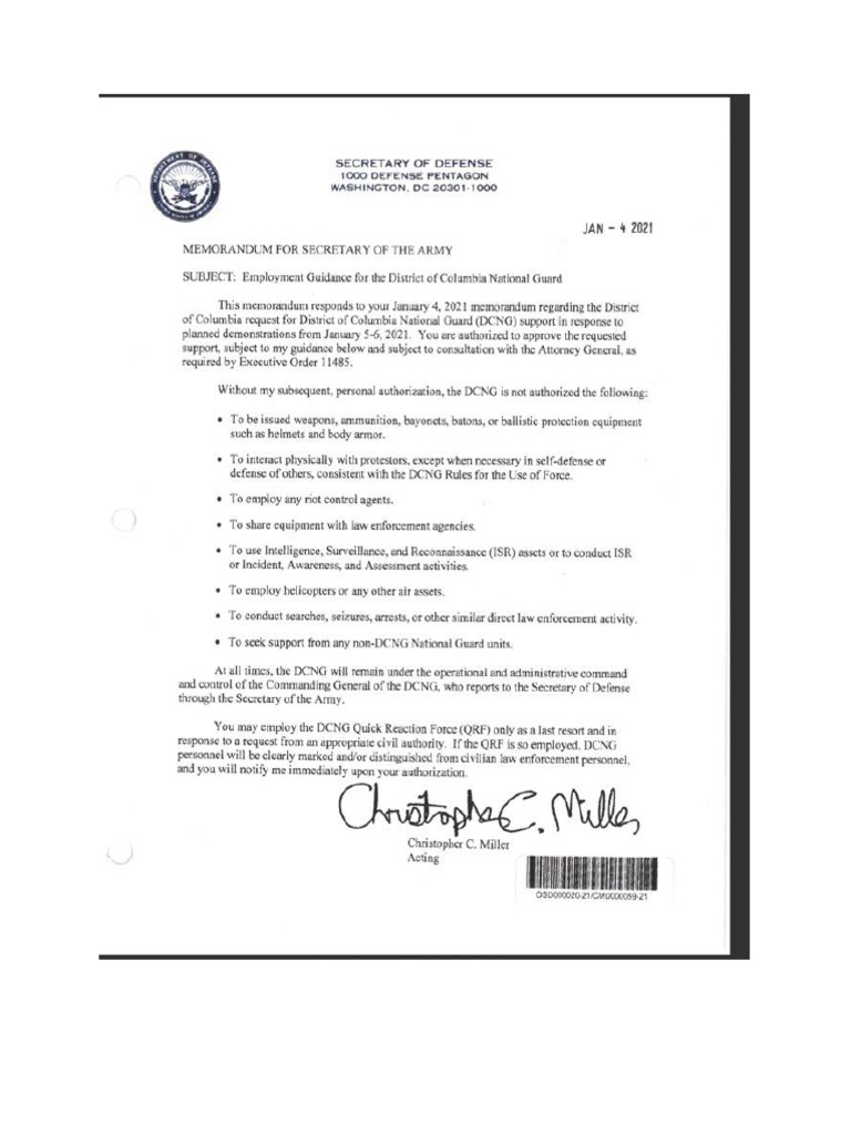 Secretary of the Army National Guard Columbia Memo | PDF