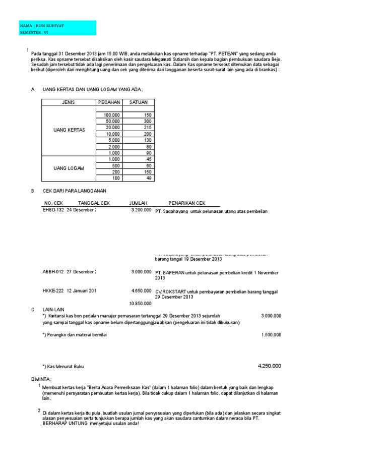 RUBI RUHIYAT - JAWABAN AUDIT PEMERIKSAAN KAS - sOAL-BU | PDF