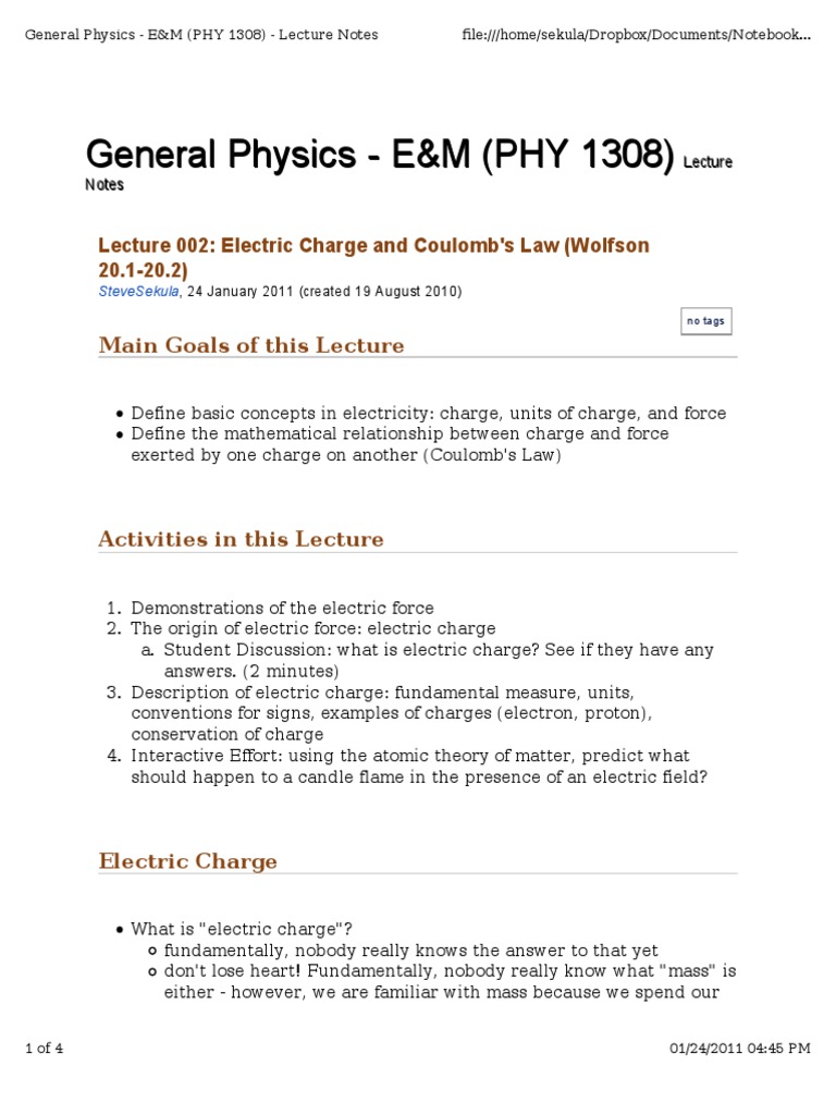 Introduction to Electric Charge and Coulomb's Law: Defining Basic ...