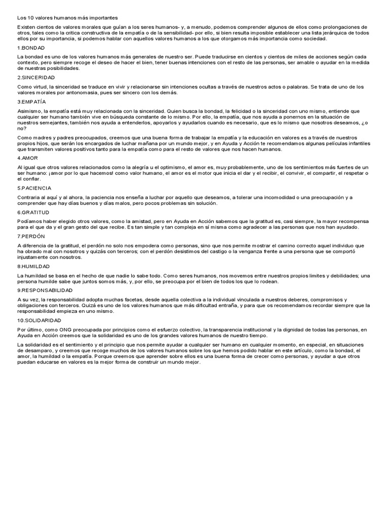 10 Valores Humanos Esenciales | PDF | Empatía | Amor