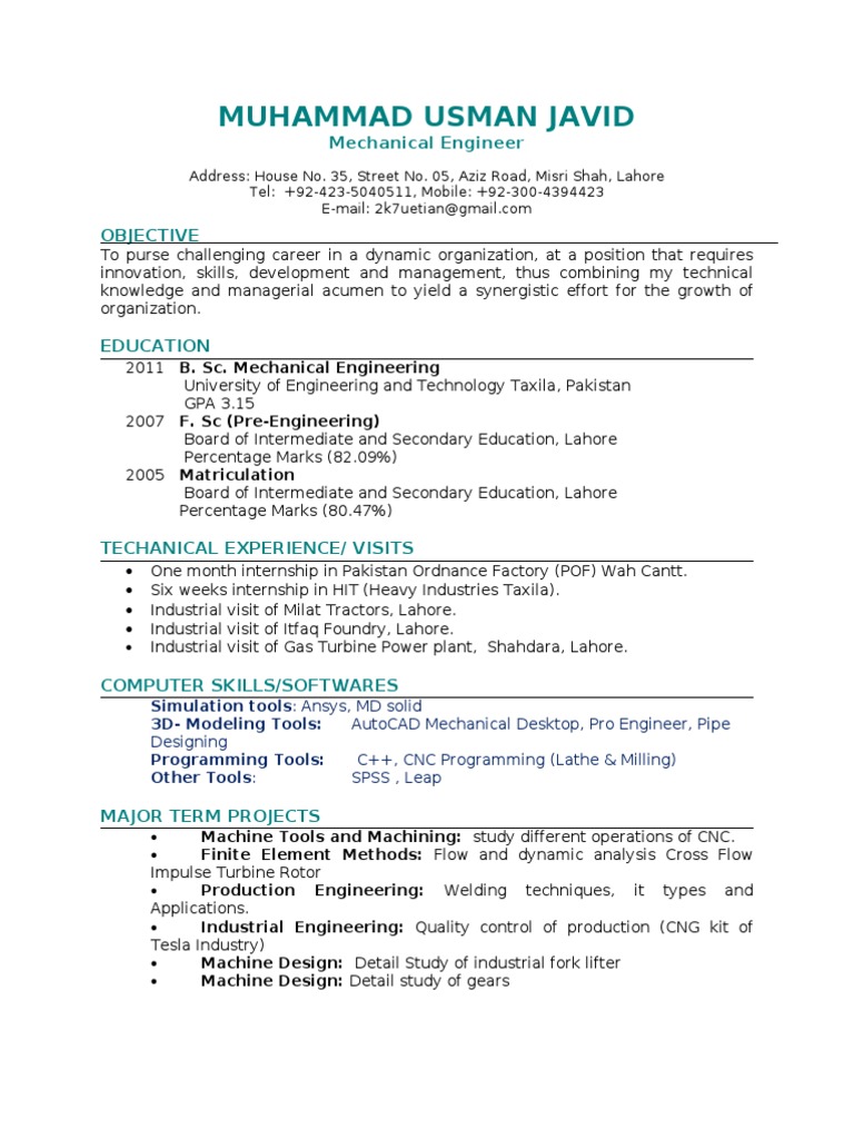 Usman CV (Final) | PDF | Mechanical Engineering | Engineering