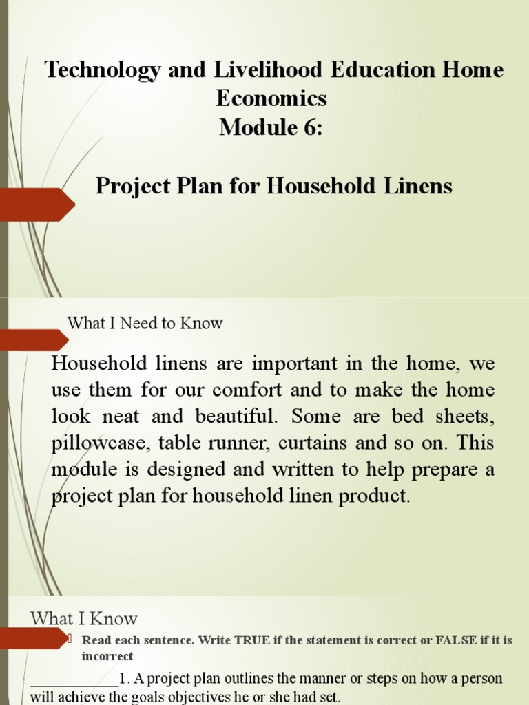 Technology and Livelihood Education Home Economics Project Plan For ...
