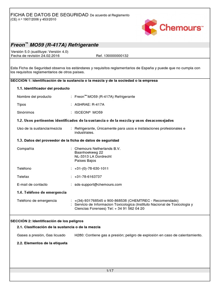 Fds - Freon m059 - 417a | PDF | Toxicidad | Guante