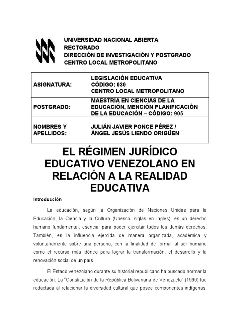 EL RÉGIMEN JURÍDICO EDUCATIVO VENEZOLANO EN RELACIÓN A LA REALIDAD ...