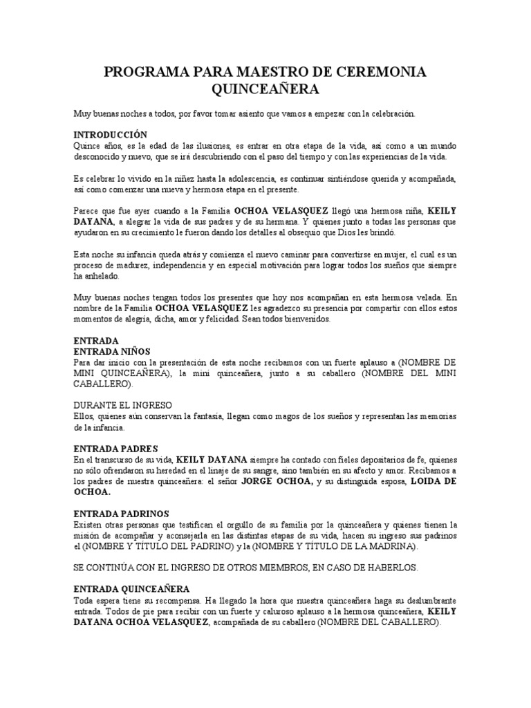 PROGRAMA PARA MAESTRO DE CEREMONIA QUINCEAÑERA | PDF