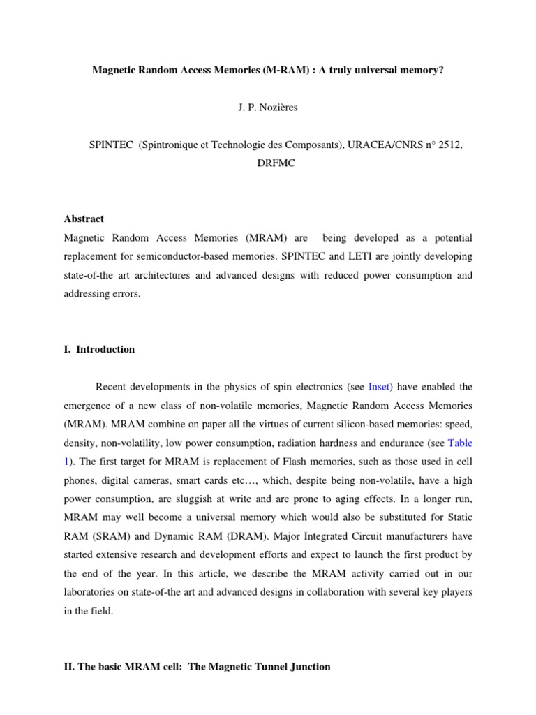 Magnetic Random Access Memories (M-RAM) : A Truly Universal Memory ...