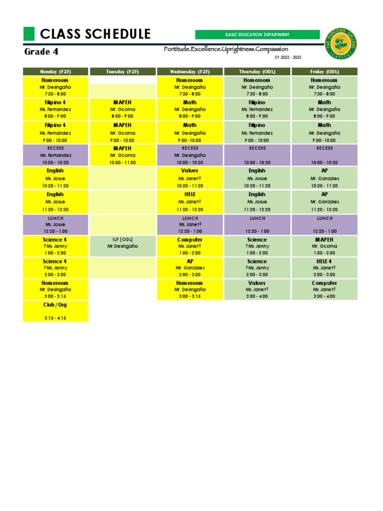 Grade 4 - Temporary Schedule | PDF | Schools | Educational Institutions