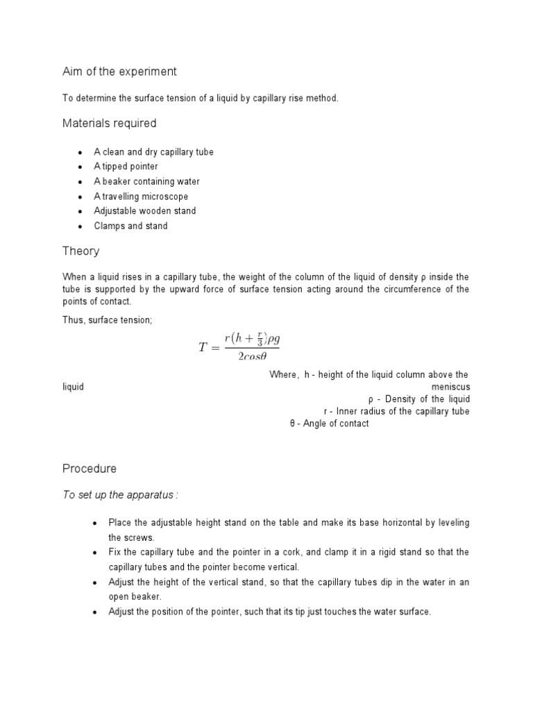 Aim of The Experiment: To Set Up The Apparatus | PDF | Surface Tension ...