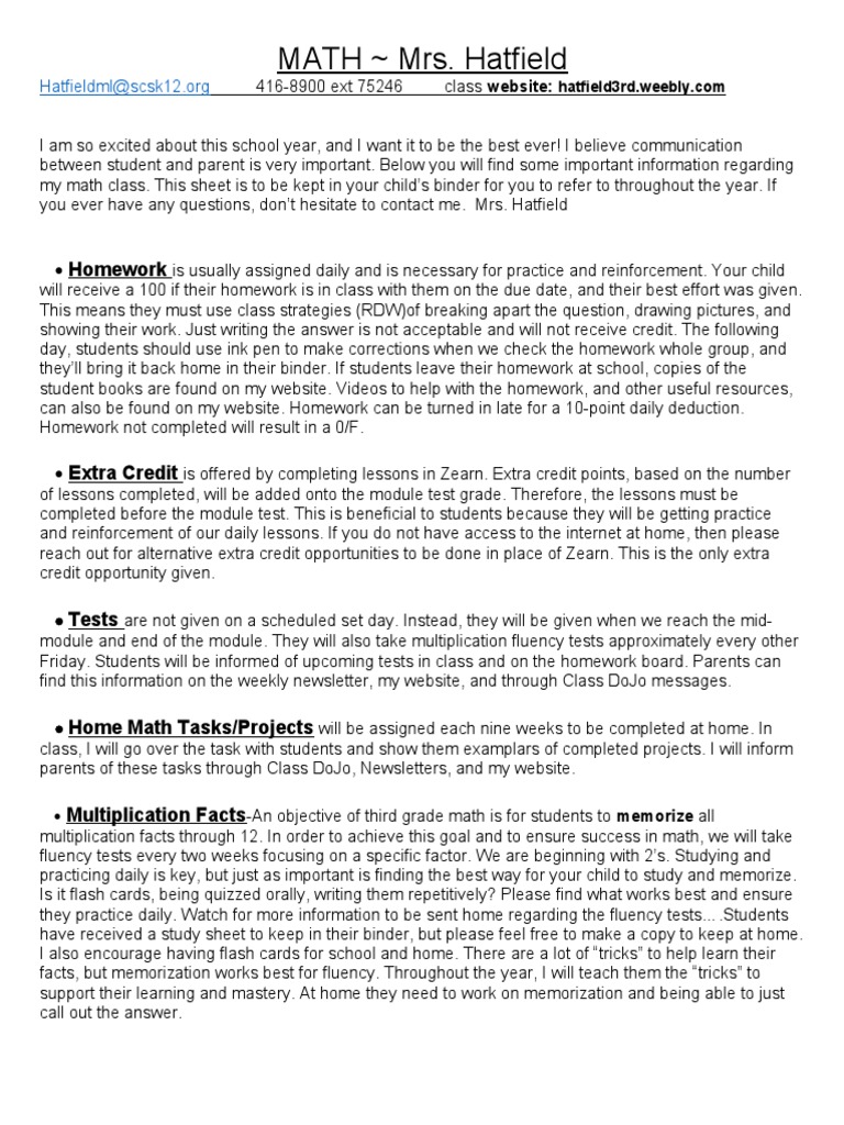 Mrs. Hatfield's 3rd Grade Math Guide | PDF | Homework | Educational ...