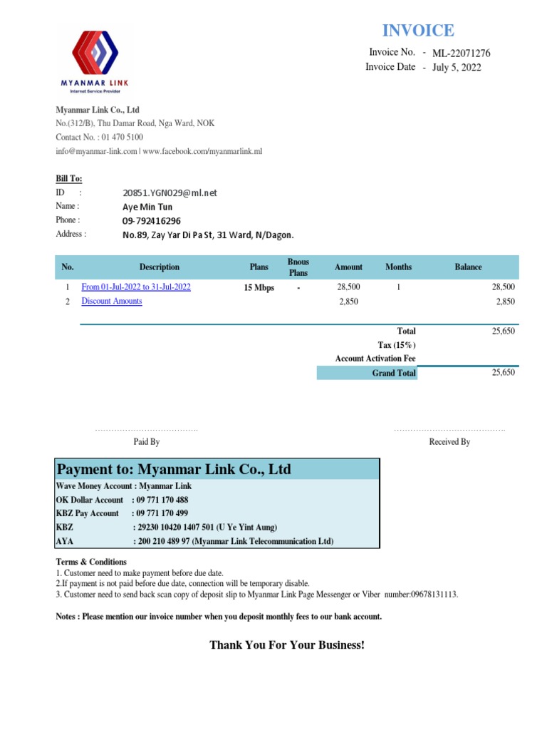 Invoice: Payment To: Myanmar Link Co., LTD | PDF | Trade | Business