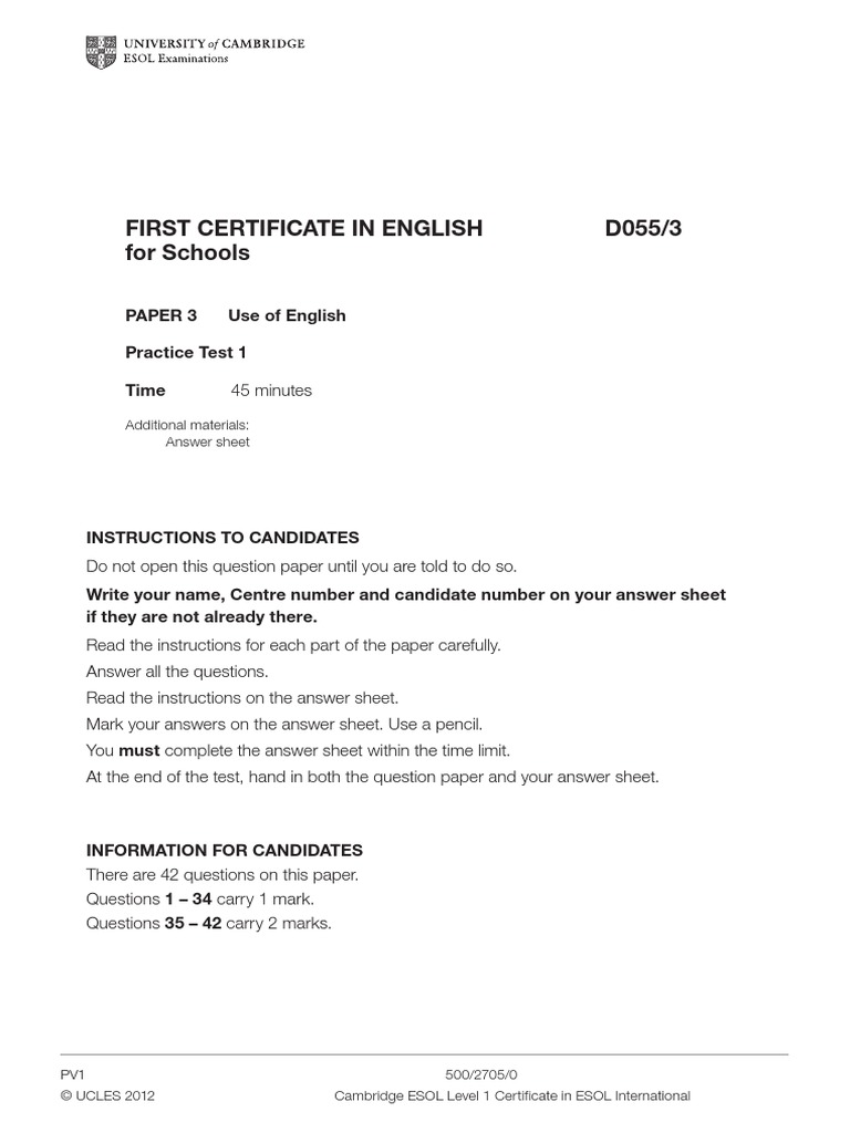 First Certificate in English D055/3 For Schools: Additional Materials: Answer Sheet | PDF | Zoo ...