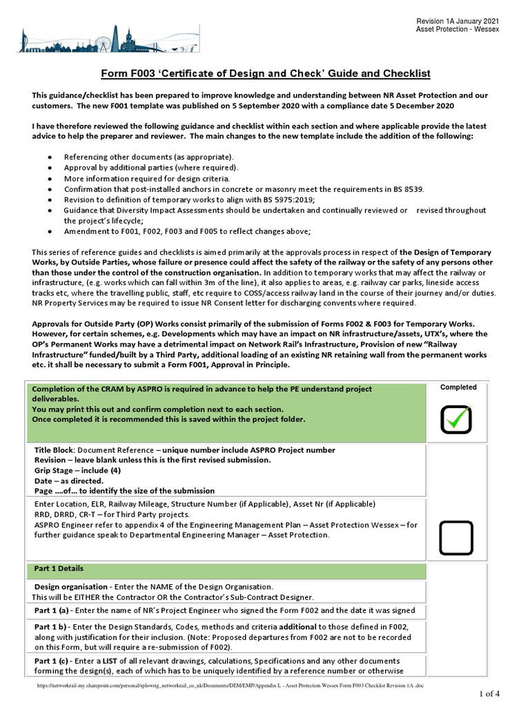 Appendix L - Asset Protection Wessex Form F003 Checklist Revision 1A | PDF | Rail Transport ...
