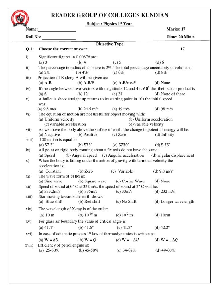 Physics 1st Year Exam Paper | PDF | Momentum | Force