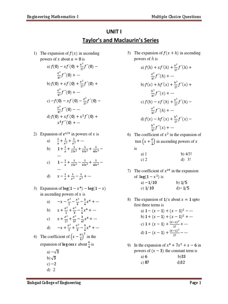 Unit I Taylor's and Maclaurin's Series: Engineering Mathematics-I ...
