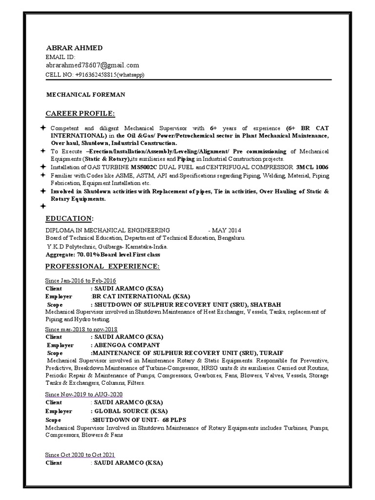 Abrar Ahmed CV | PDF | Pump | Boiler