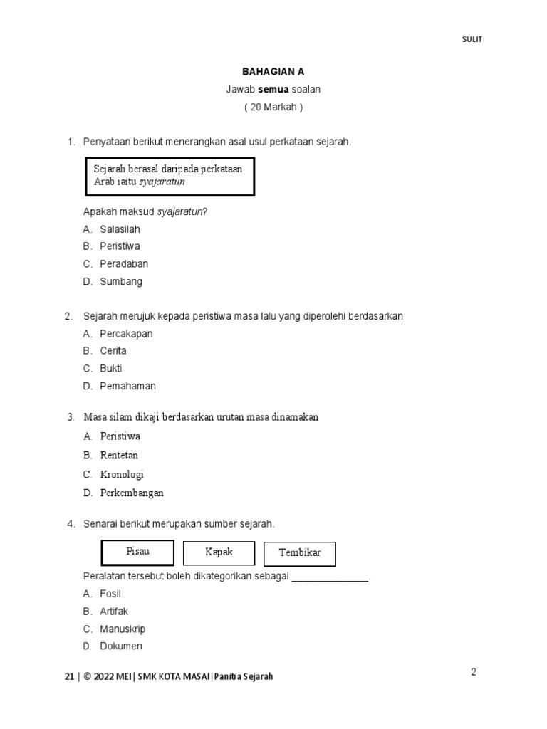 Ujian 1 Sej Ting 3 2022 | PDF