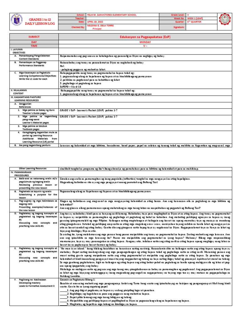 Edukasyon Sa Pagpapakatao (Esp) : Grades 1 To 12 Daily Lesson Log | PDF