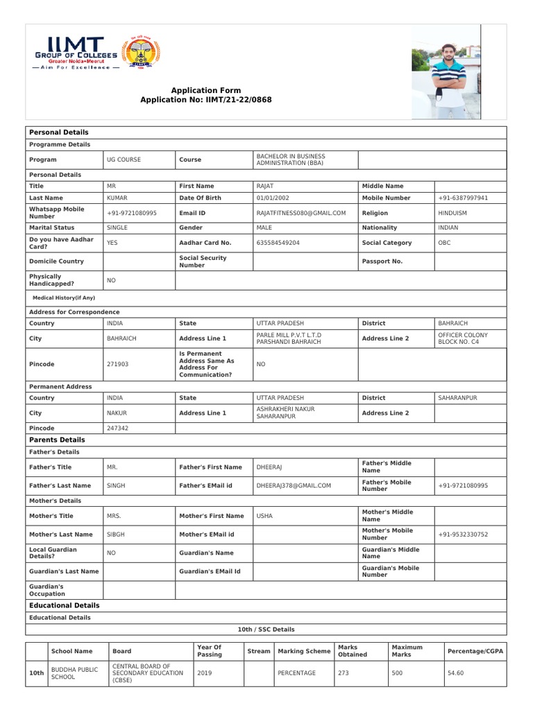 BBA Application Form - Rajat Kumar | PDF